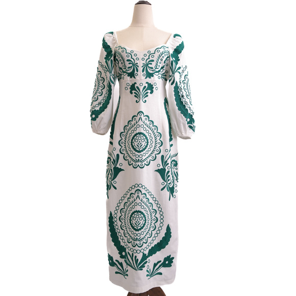 Uterque | Dresses | New Uterque Long White Dress Green Patterns Size S ...